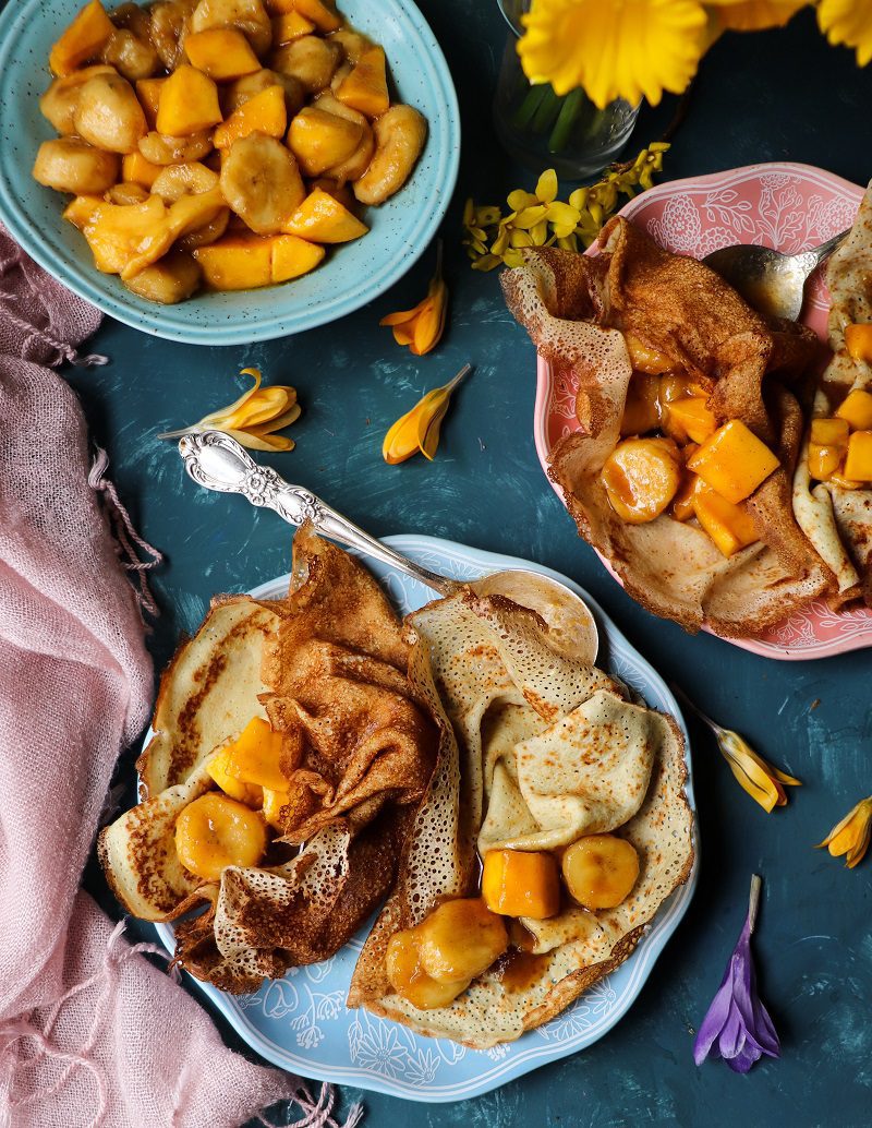Banana Mango Sauce Crêpes (With Rum and Maple Syrup)