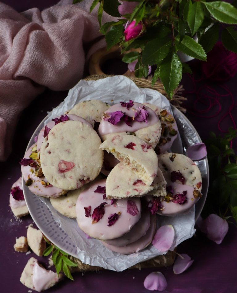 Rose Shortbread Cookies Recipe with Pistachios and Cardamom