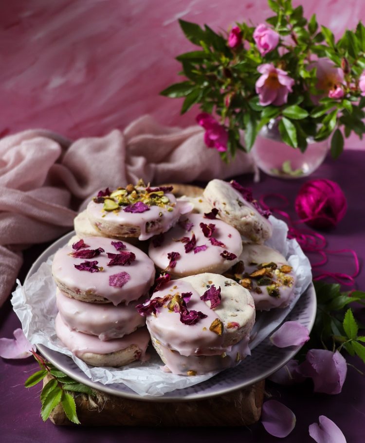 Rose Shortbread Cookies Recipe with Pistachios and Cardamom