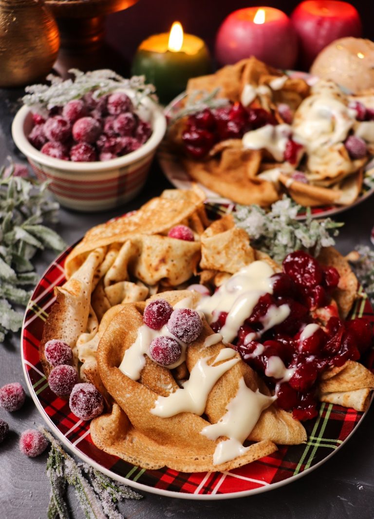 Christmas Crepes with Cranberry Sauce and Cream Cheese Sauce