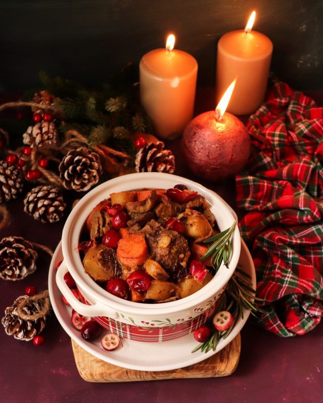 Festive Duck Stew with Chestnuts, Cranberries and Prosciutto