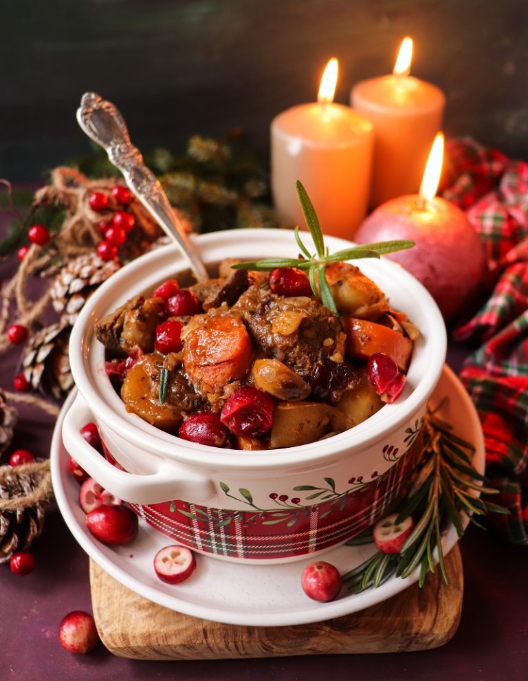 Festive Duck Stew with Chestnuts, Cranberries and Prosciutto