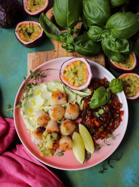 Seared Scallops with Avocado Mousse and Passion Fruit Sauce