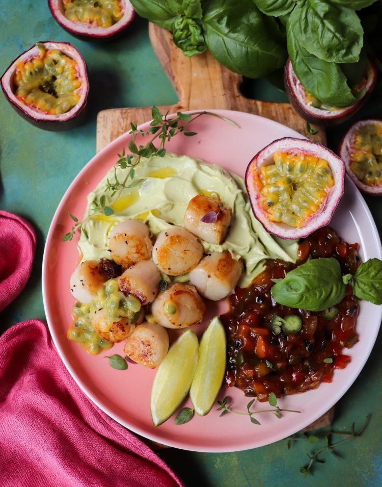 Seared Scallops with Avocado Mousse and Passion Fruit Sauce