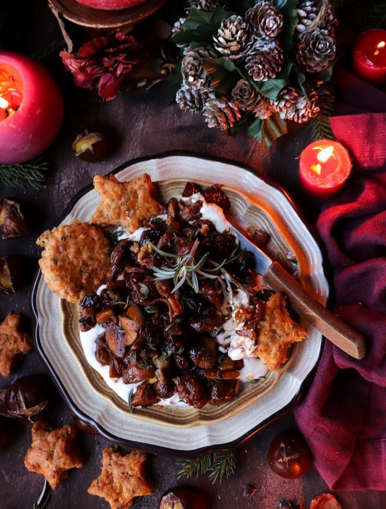 Cheese Chestnut Dip with Caramelized Onions and Prosciutto