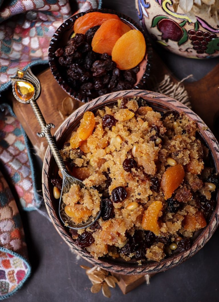 Semolina Halwa with Pine Nuts and Dried Fruit (Sooji Halwa)