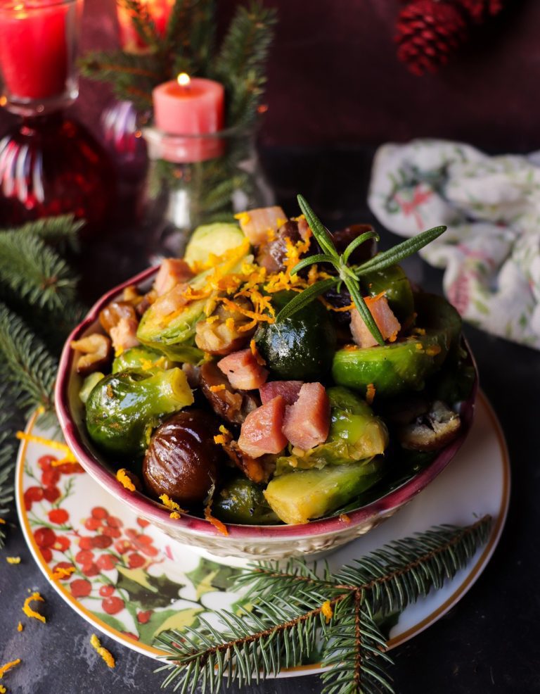 Festive Chestnut Brussels Sprouts with Pancetta and Rosemary