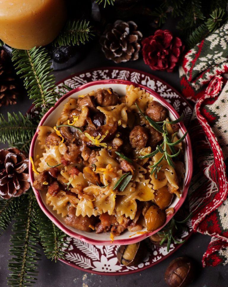 Festive Chestnut Sausage Pasta with Brandy and Pancetta