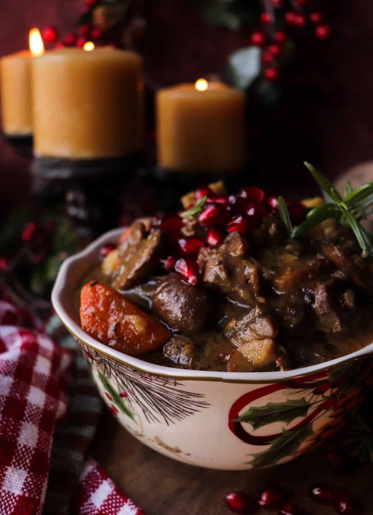 Festive Venison Stew with Chestnuts, Pancetta and Brandy