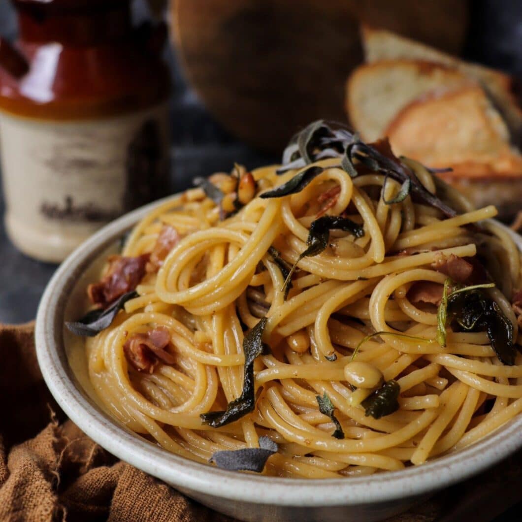 Sage and Prosciutto Pasta with Garlic and Pine Nuts