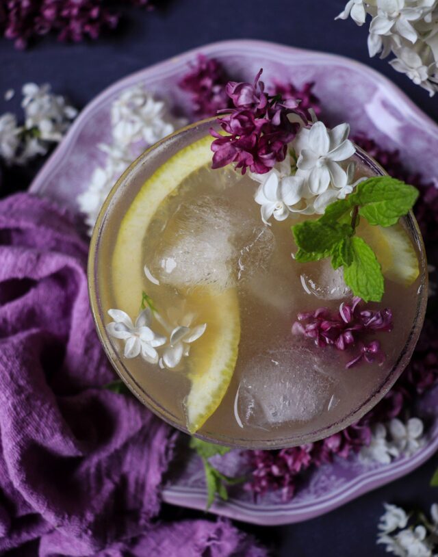 Lilac Cocktail with Rum, Limoncello, and Lilac-Infused Sugar