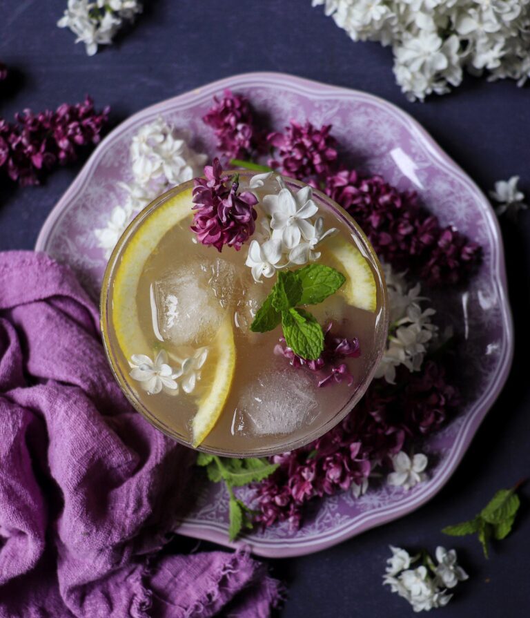 Lilac Cocktail with Rum, Limoncello, and Lilac-Infused Sugar