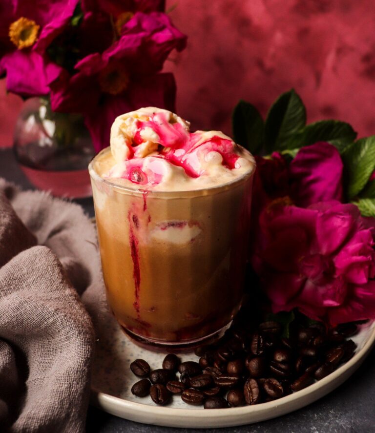 Rose Iced Coffee with Vanilla Ice Cream - A Floral Summer Drink
