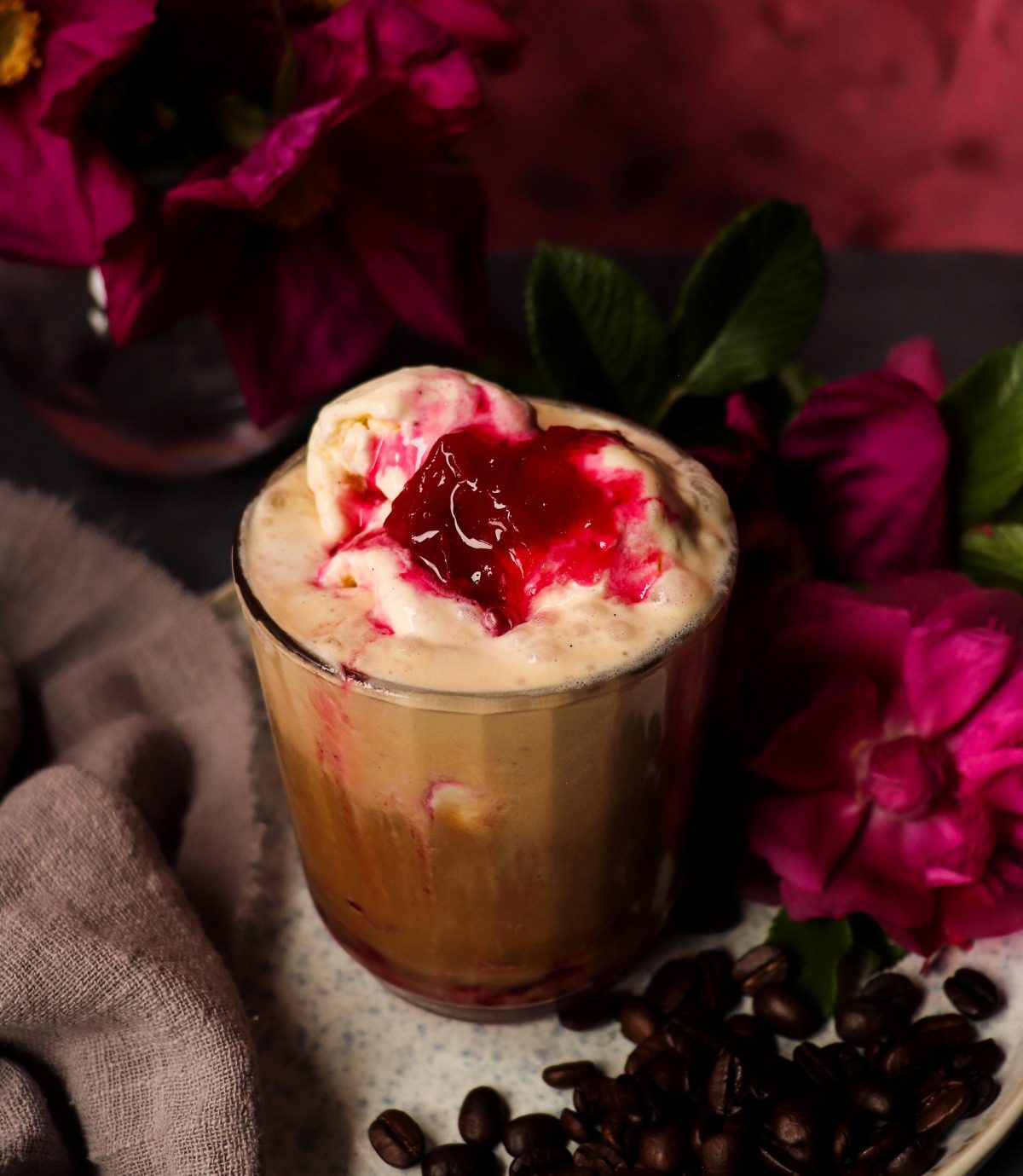 Rose Iced Coffee with Vanilla Ice Cream - A Floral Summer Drink