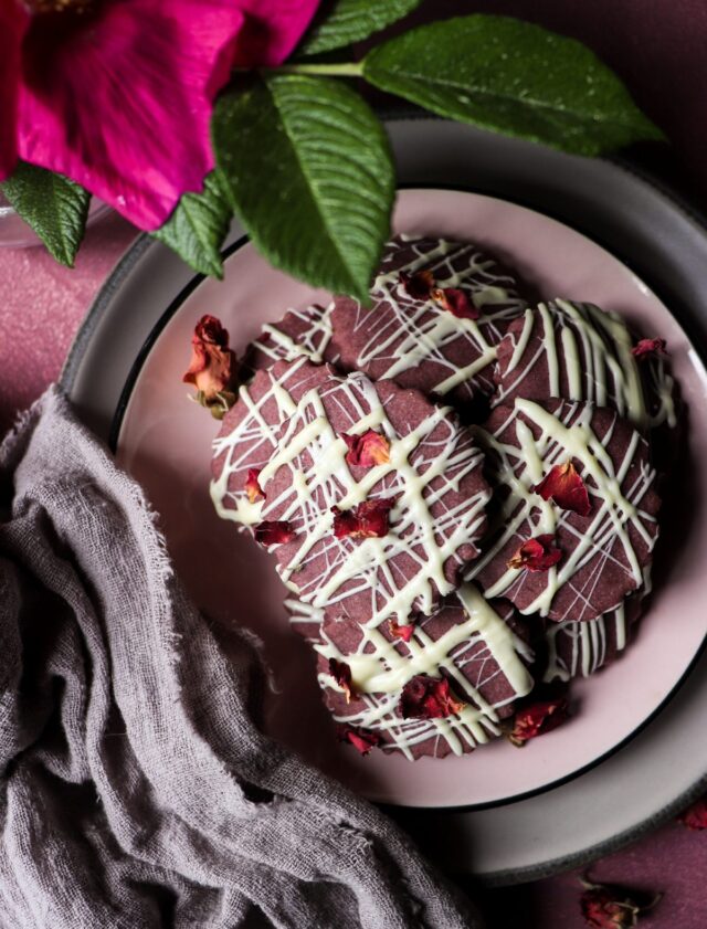 Rose Powder Shortbread Cookies with White Chocolate Drizzle