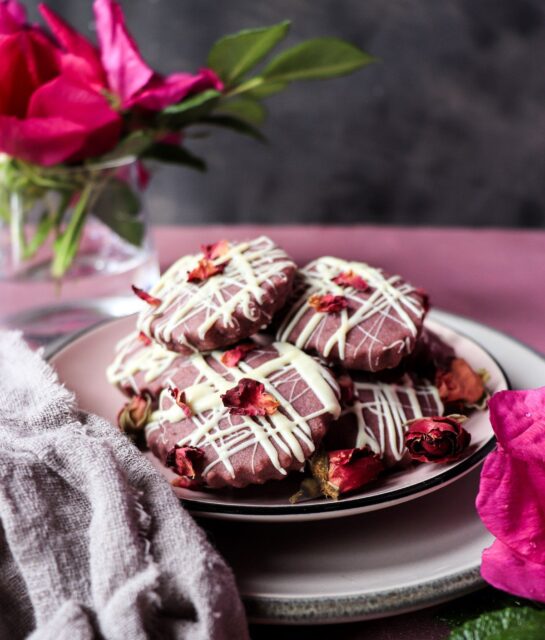 Rose Powder Shortbread Cookies with White Chocolate Drizzle