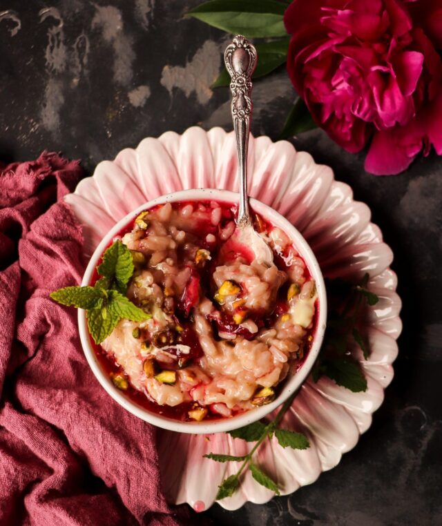 Dessert Rose Risotto with Rosé, White Chocolate and Pistachios