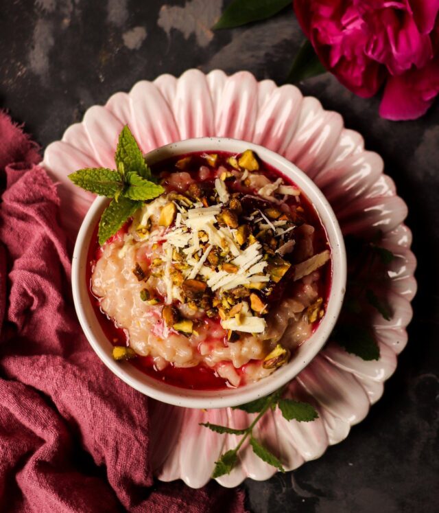 Dessert Rose Risotto with Rosé, White Chocolate and Pistachios