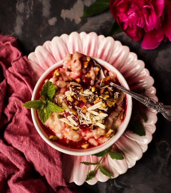 Dessert Rose Risotto with Rosé, White Chocolate and Pistachios
