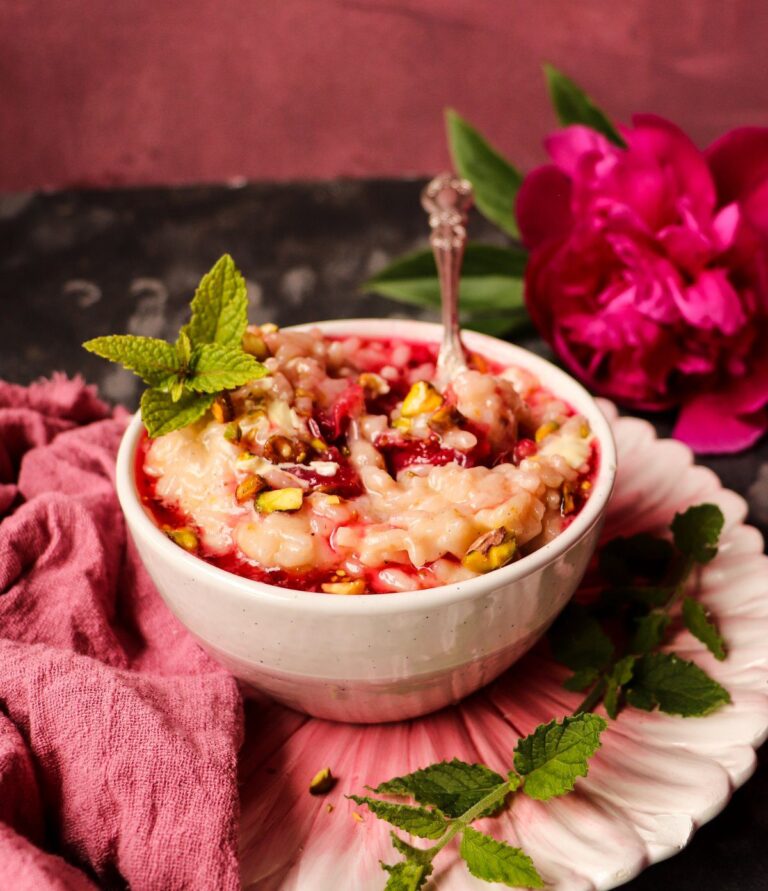 Dessert Rose Risotto with Rosé, White Chocolate and Pistachios