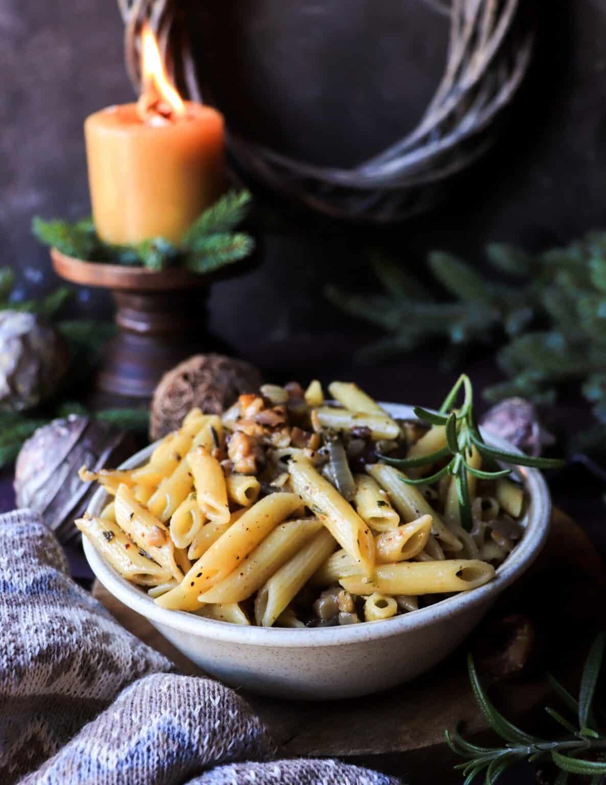 Caramelized Onion and Chestnut Pasta with Brandy and Rosemary