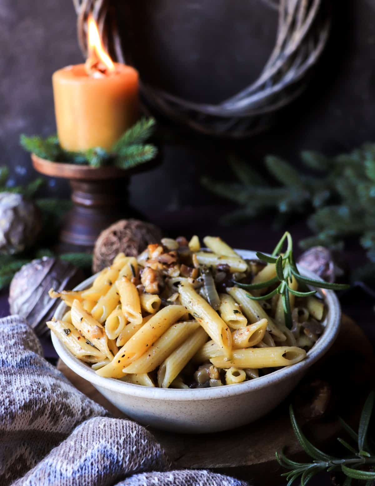 Caramelized Onion and Chestnut Pasta with Brandy and Rosemary