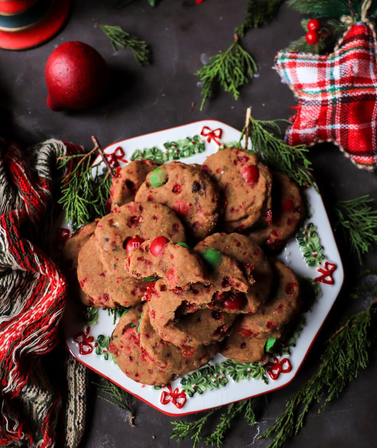 Coffee Candy Cane Shortbread Cookies with M&Ms