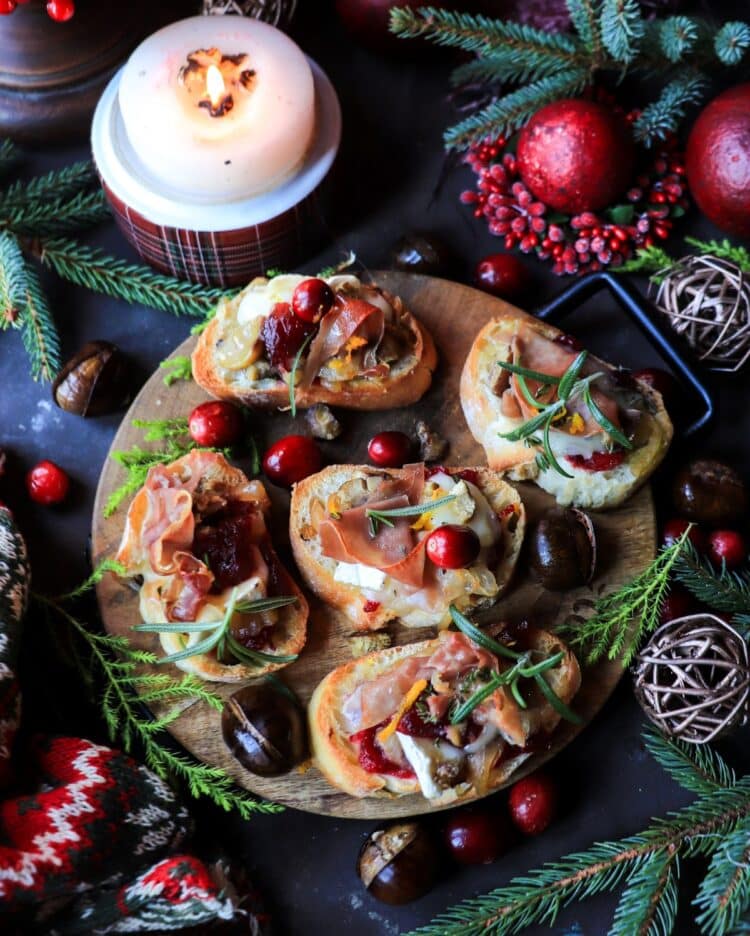 Cranberry Chestnut Brie Crostini with Prosciutto