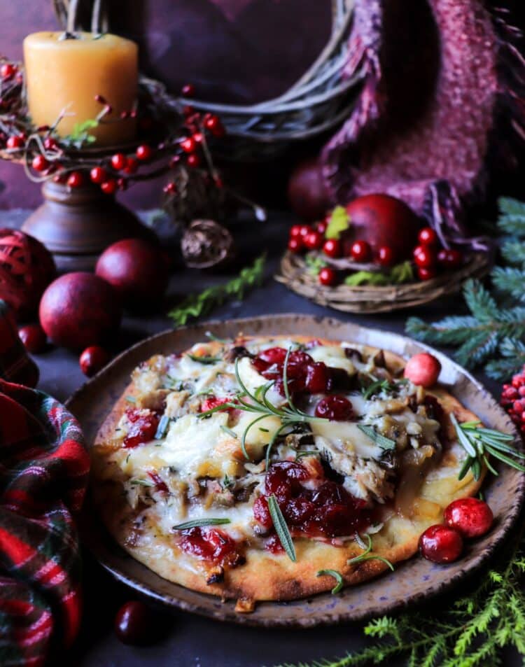 Leftover Turkey Flatbread with Chestnuts, Cranberry and Brie