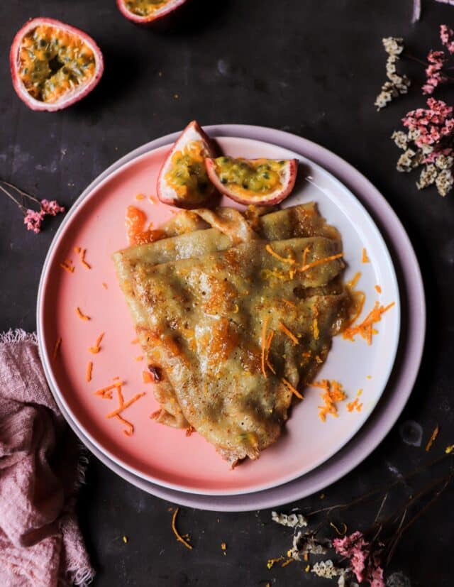 Passion Fruit Crêpes Suzette with Boozy Orange Butter Sauce